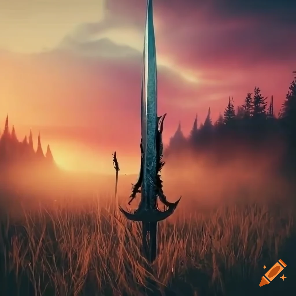Cinematic image of a sword stuck in the ground on Craiyon