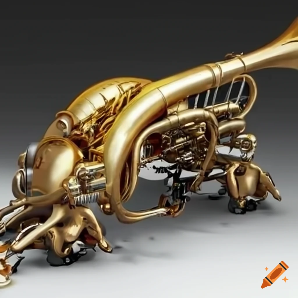 Artwork of a biomechanical tuba creature vehicle