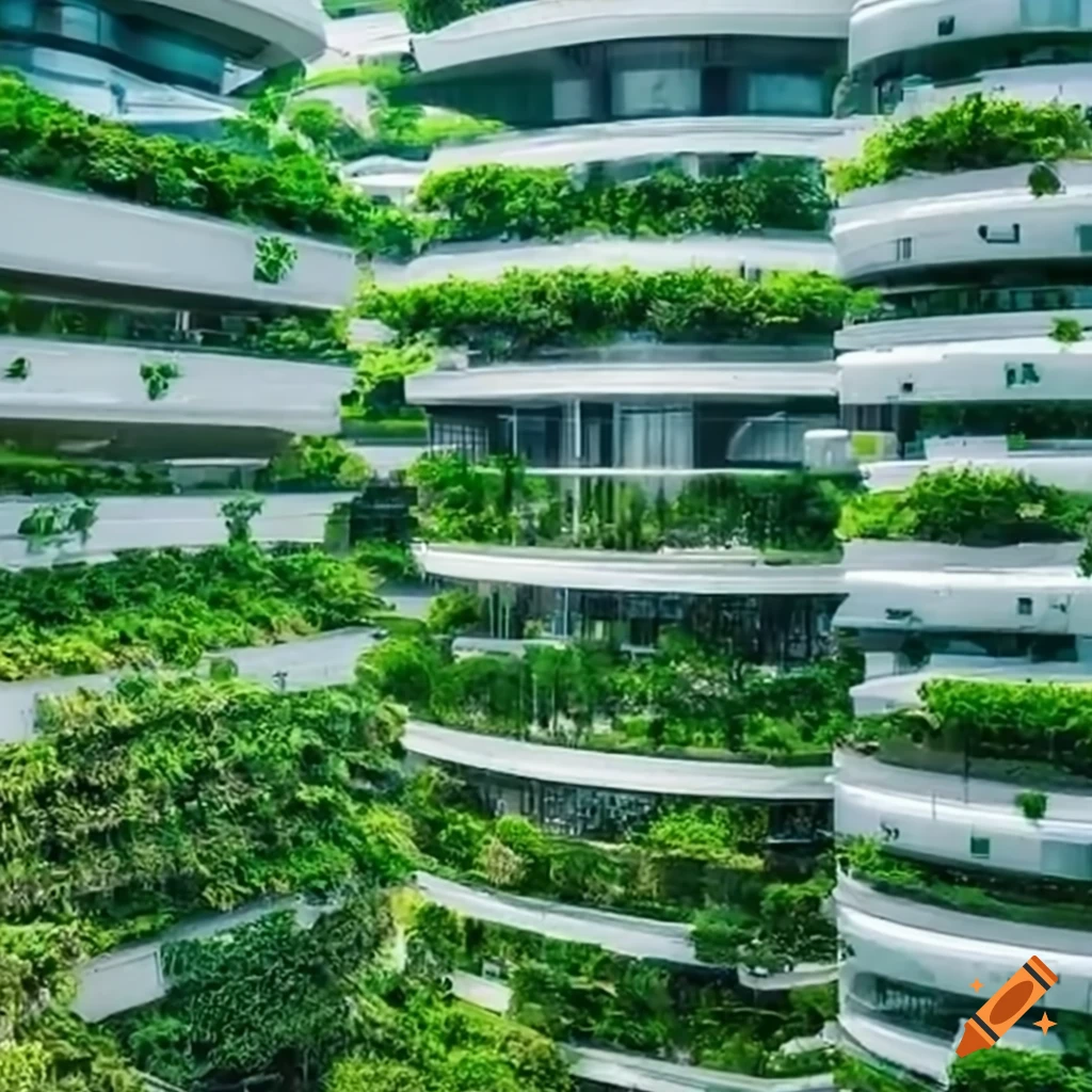 Concept design of an eco city with green spaces and solar panels on Craiyon