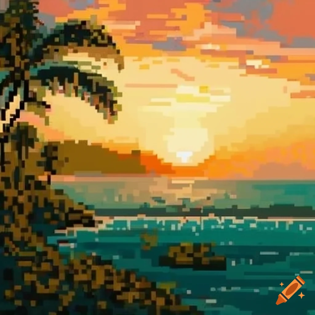 Colorful pixel art of a jungle beach at sunset on Craiyon