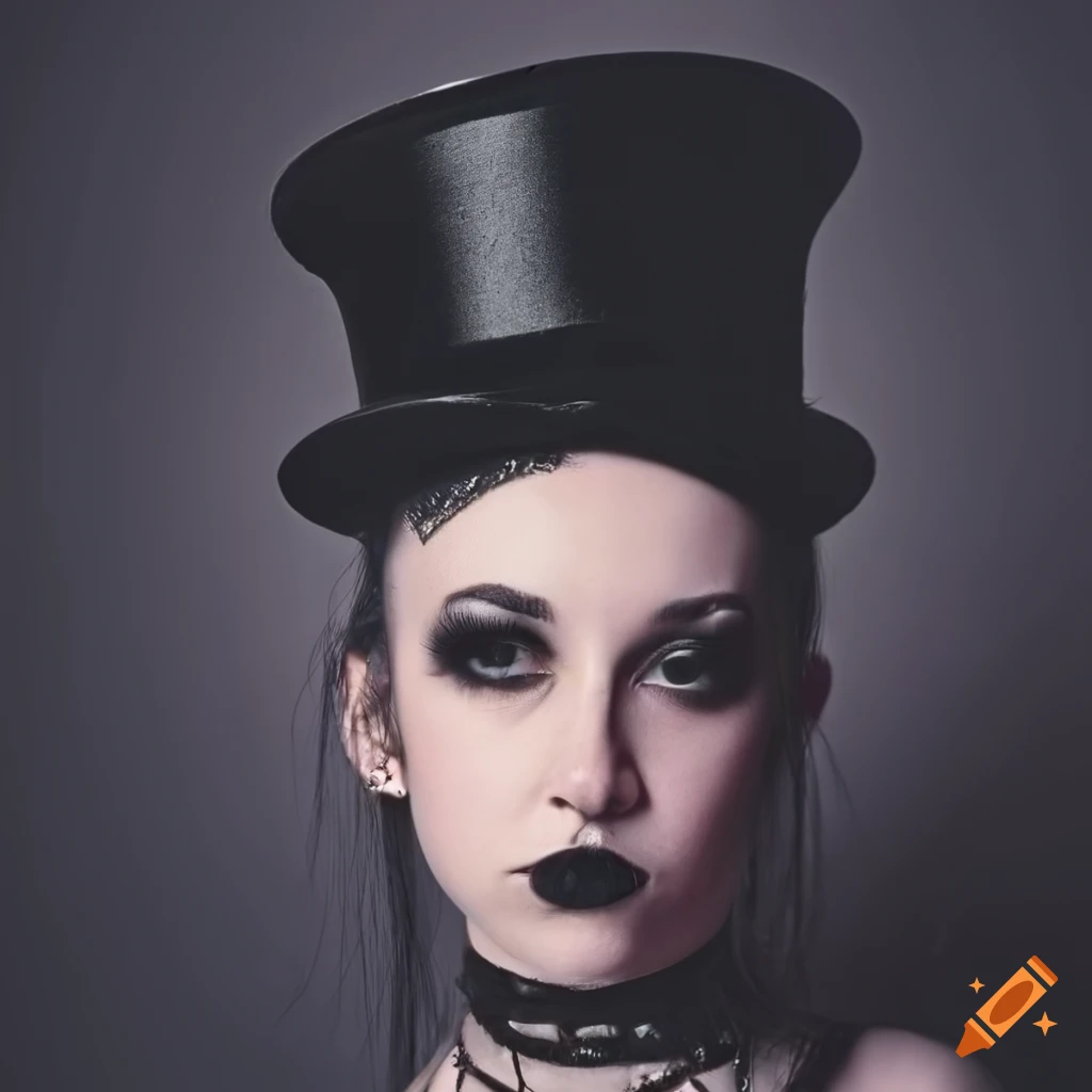 Close-up portrait of a goth girl with a top hat on Craiyon
