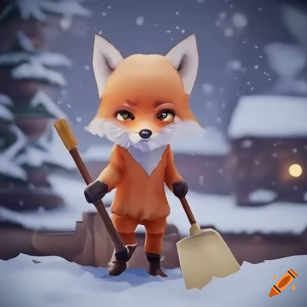 Chibi fox clearing snow in a winter village on Craiyon