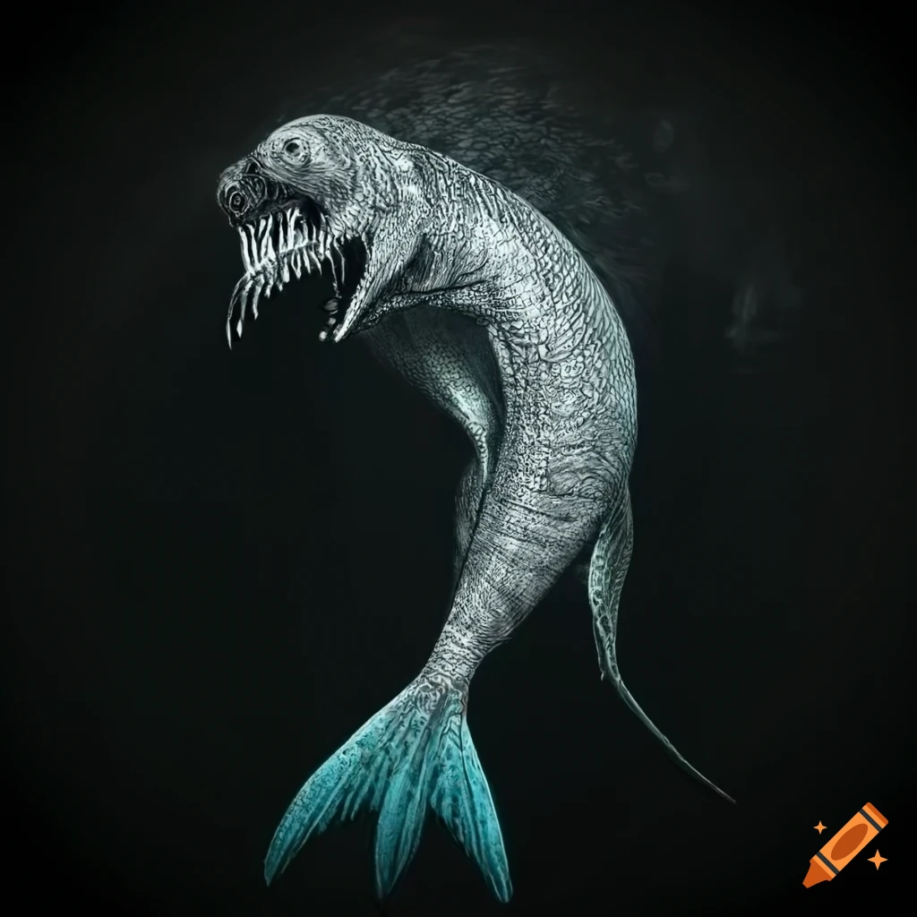 Mythical creature resembling a giant cod-like being with elements of ...