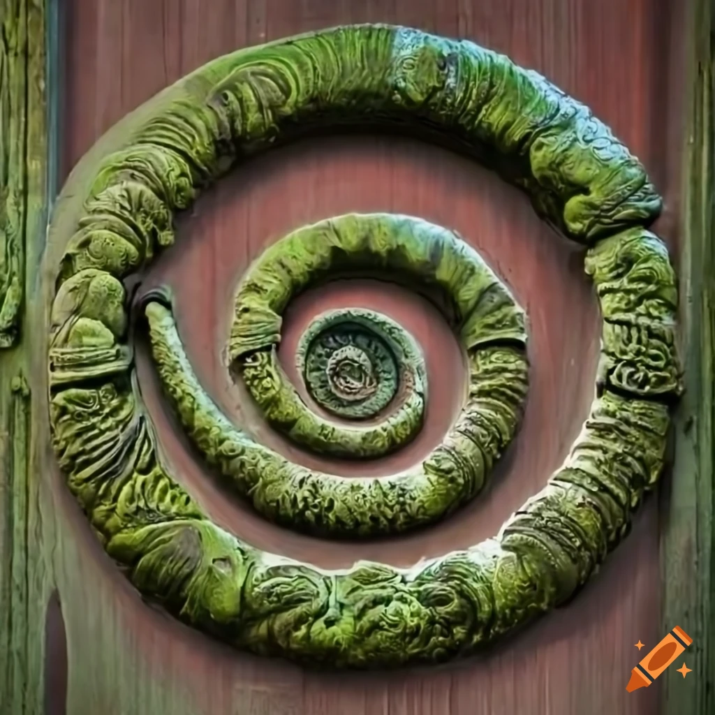 Intricately detailed moss-covered baroque door with bas-relief spiral ...