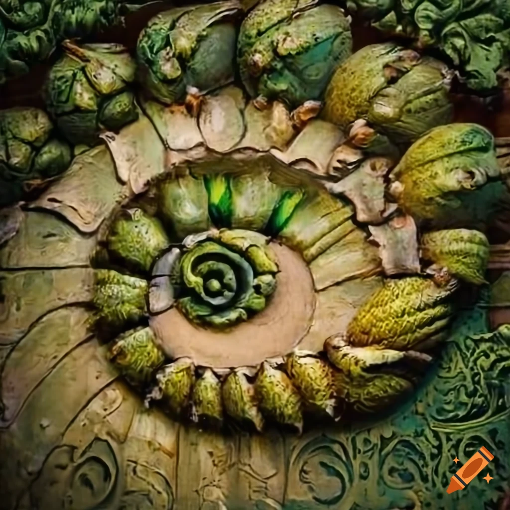 Renaissance fresco style painting of a spiral with pineapple on a stone ...