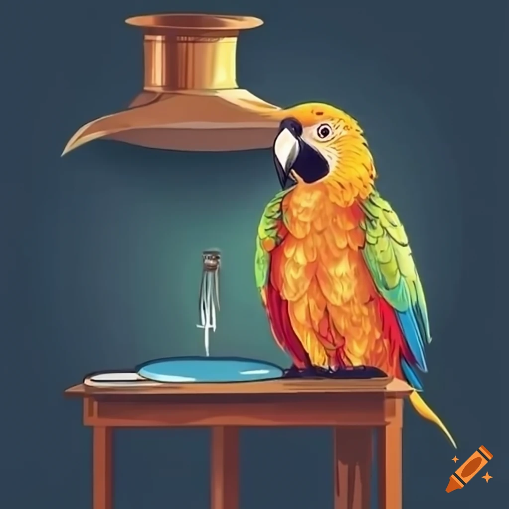 Parrot sitting under a cooker hood on a table on Craiyon