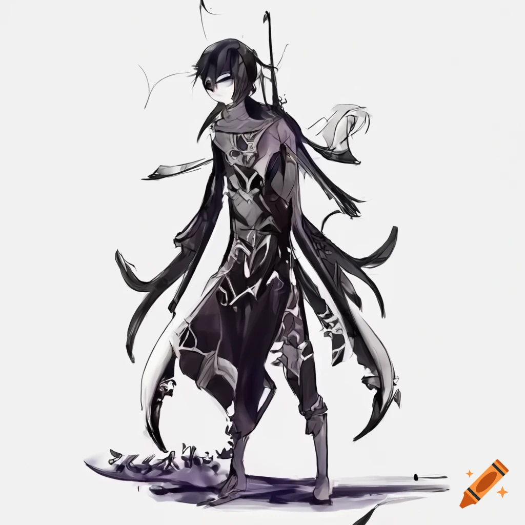 Black and white drawing of a character from genshin impact on Craiyon