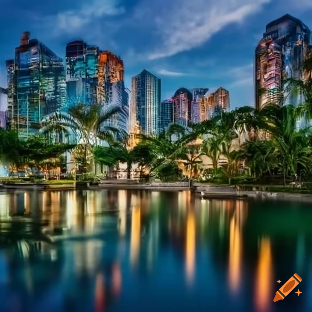 Stunning aerial view of a modern capital city port on a tropical island ...