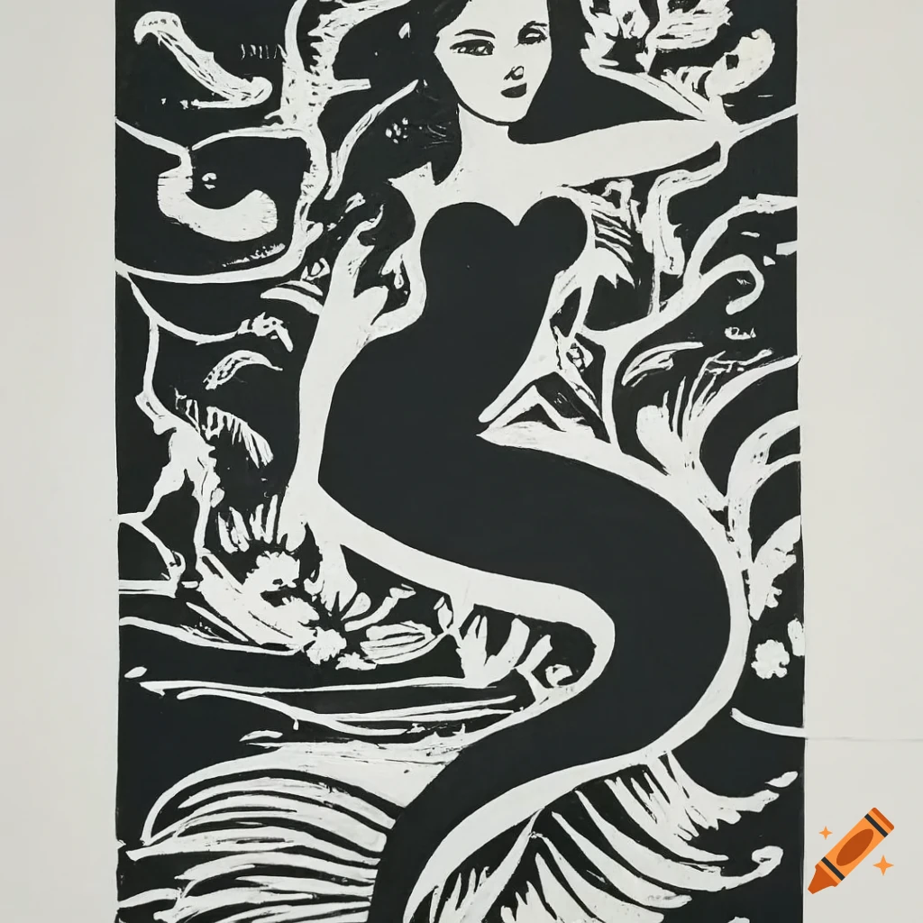 Black and white linocut of a mermaid on Craiyon