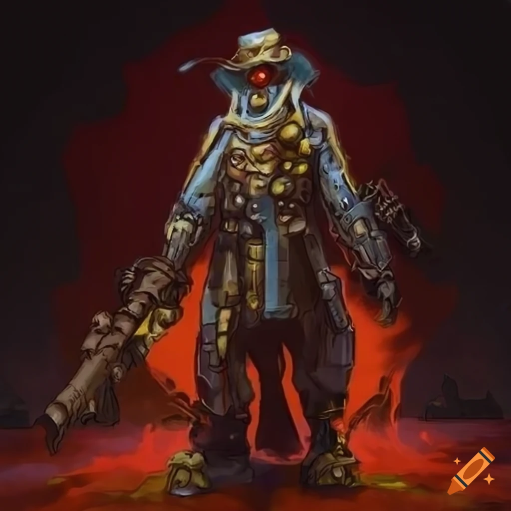 Cyborg wizard with a gun in brothers hildebrandt style