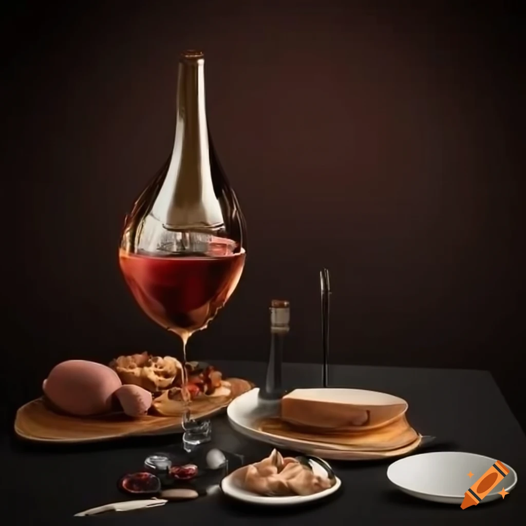 Surrealistic pastries and complex wine glasses on a table on Craiyon