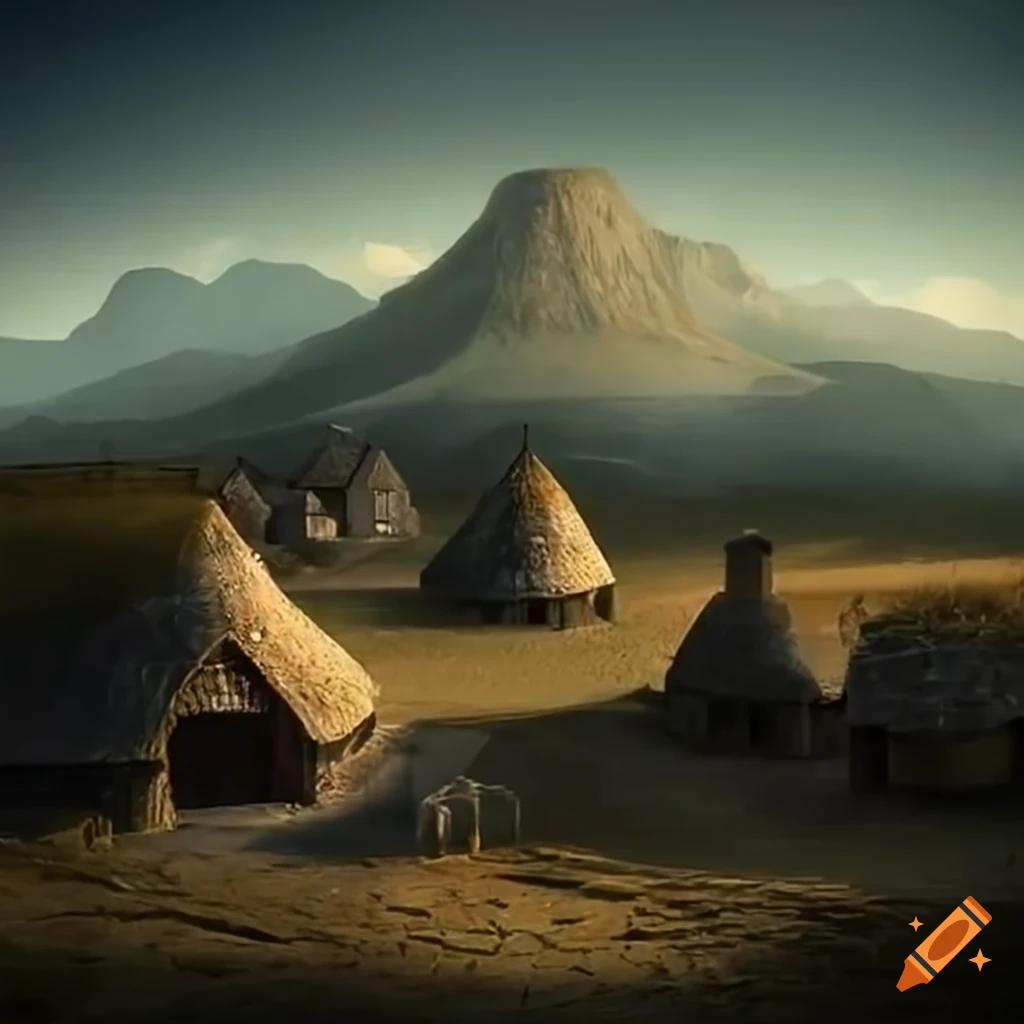 Medieval Celtic village in a drought on Craiyon