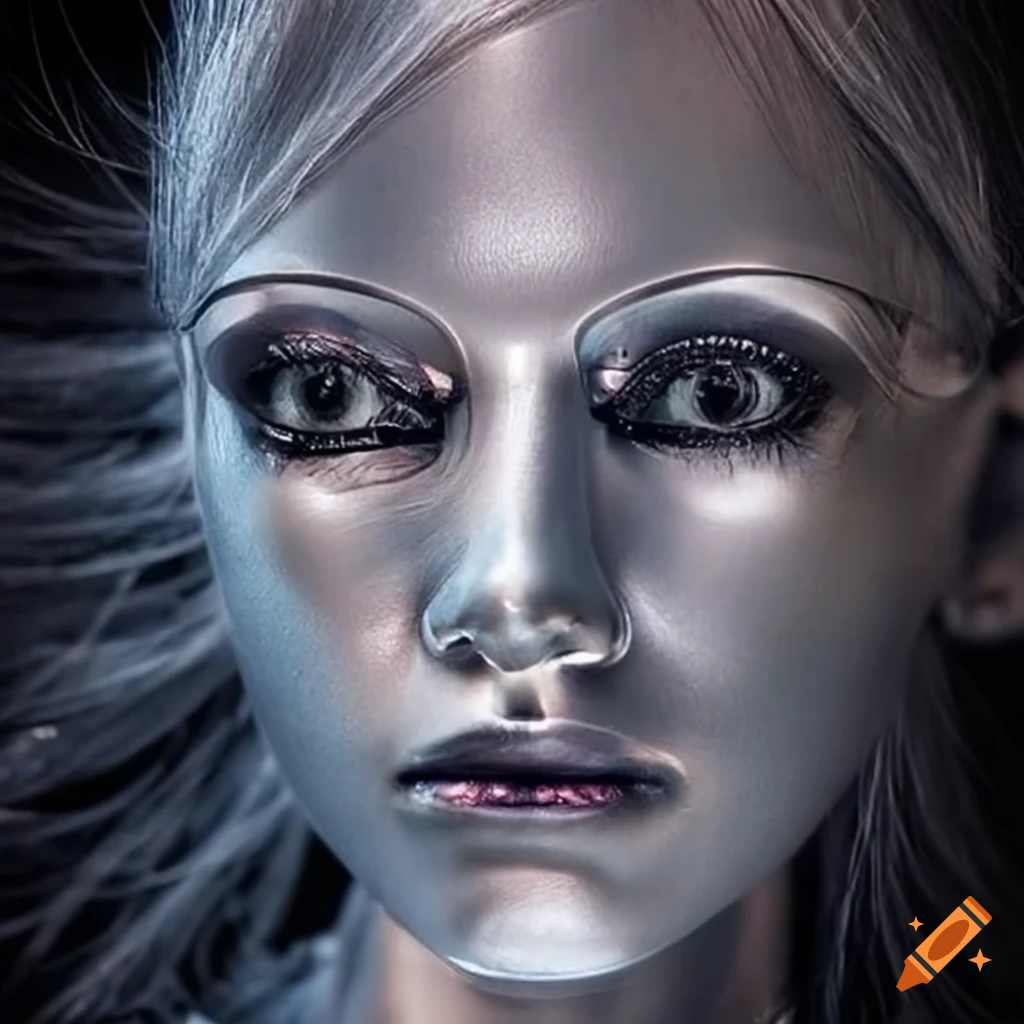 Silver female robots with silver hair