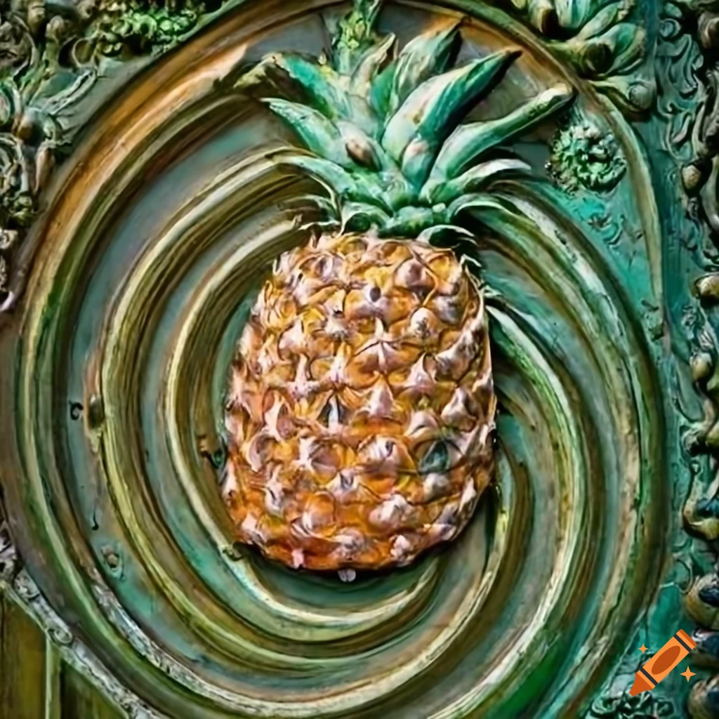 Renaissance fresco of a pineapple spiral on a moss-covered stone door ...