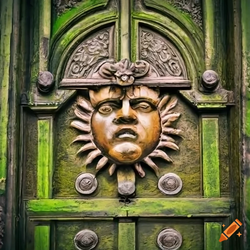 Wooden baroque door with a carved sun face on Craiyon