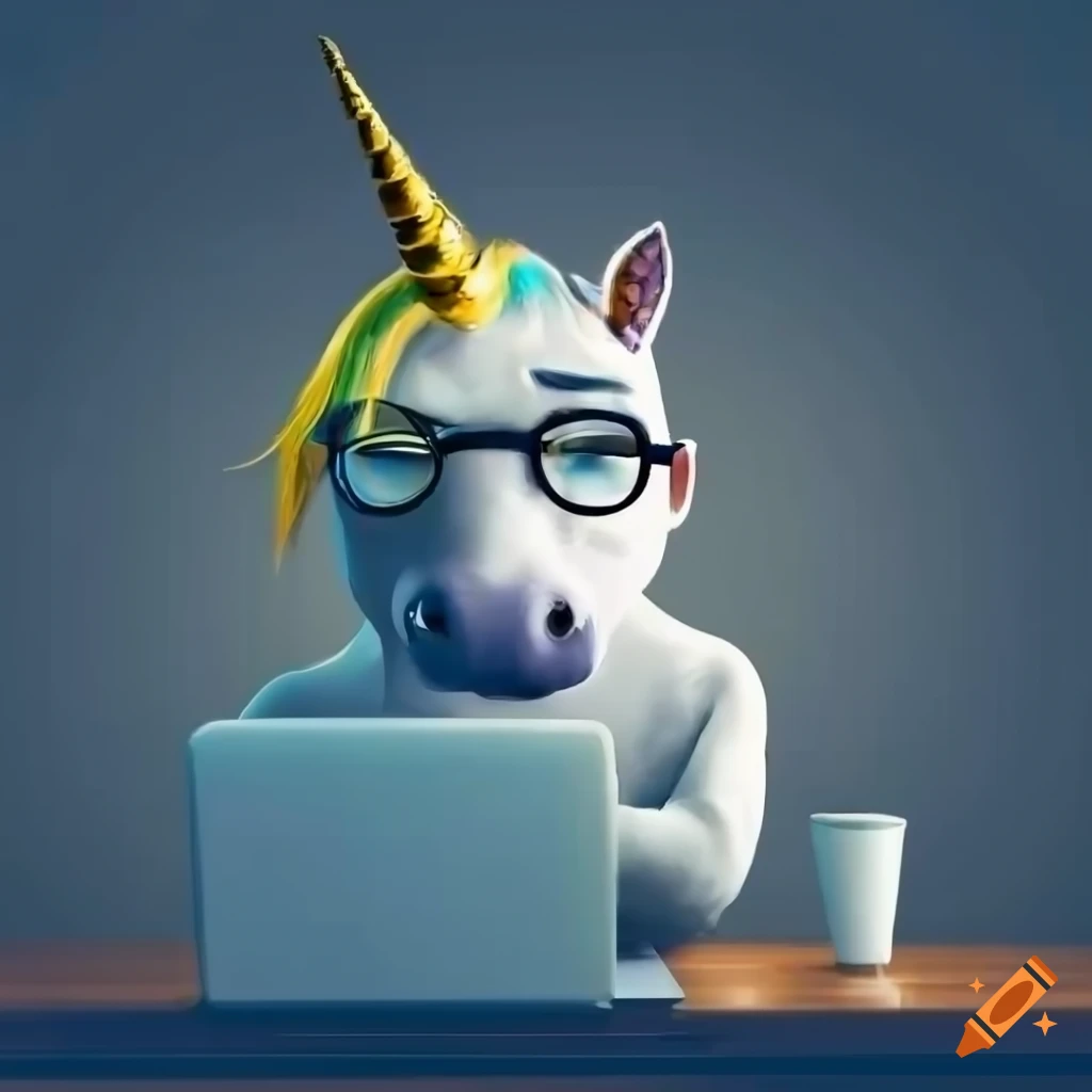 Unicorn working on a laptop on Craiyon
