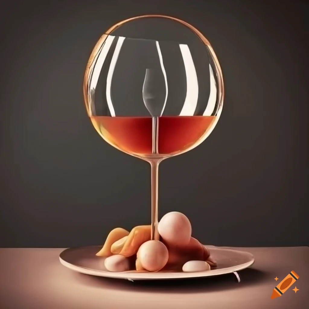 Surrealist pastries on a table with complex wine glasses and mirrors on ...