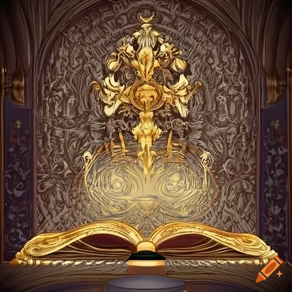 Illustration of a mythical Book on a holy altar on Craiyon