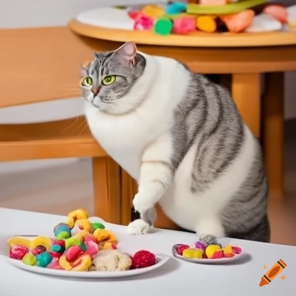 Funny cat standing in front of a table with a dish of fruit loops on ...