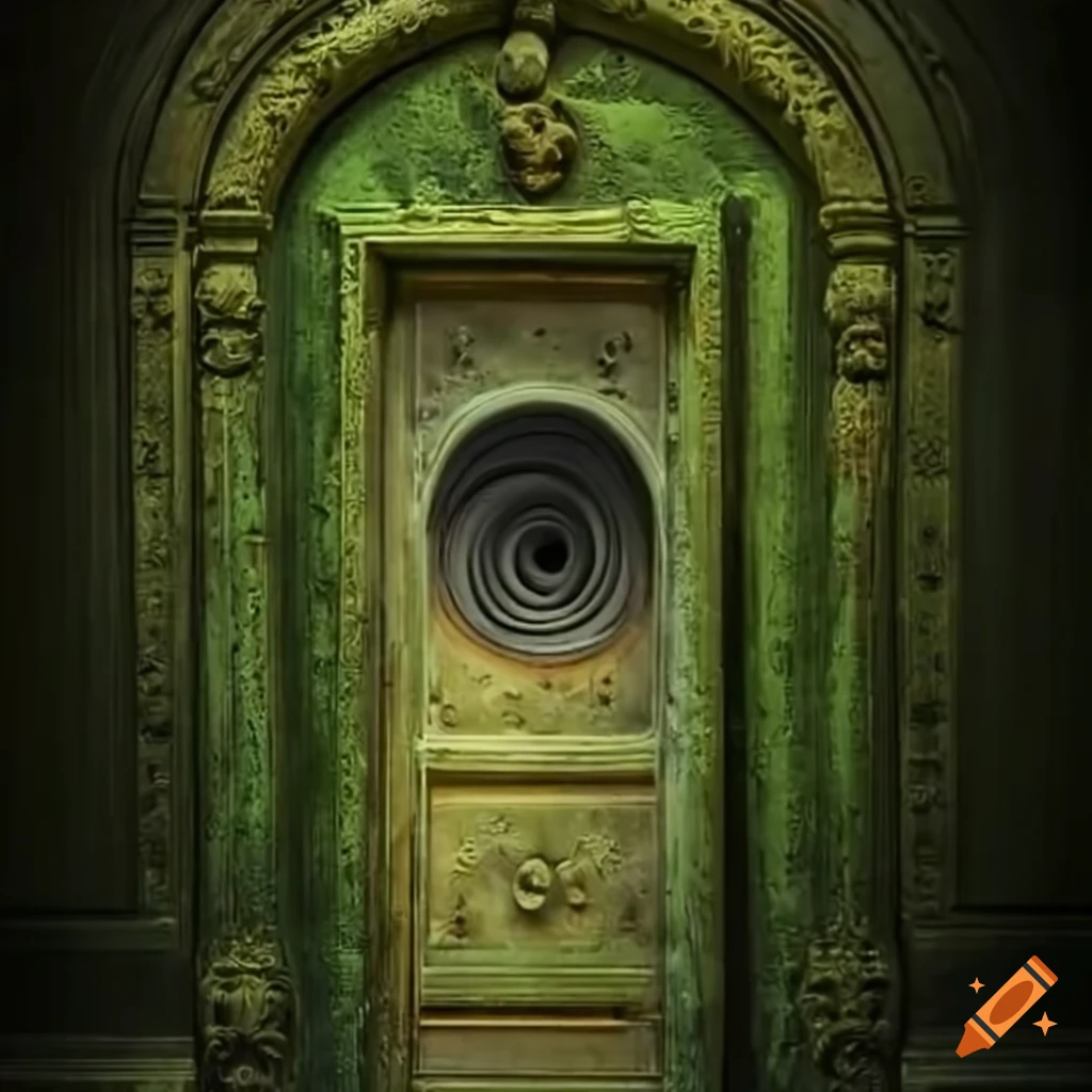 Moss-covered baroque door with spiral bas-relief on Craiyon