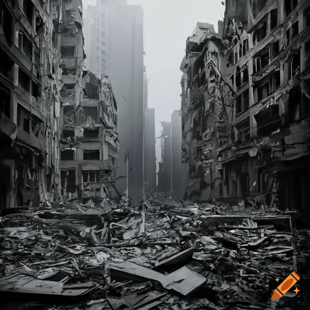 Realistic depiction of a grey and destroyed city on Craiyon