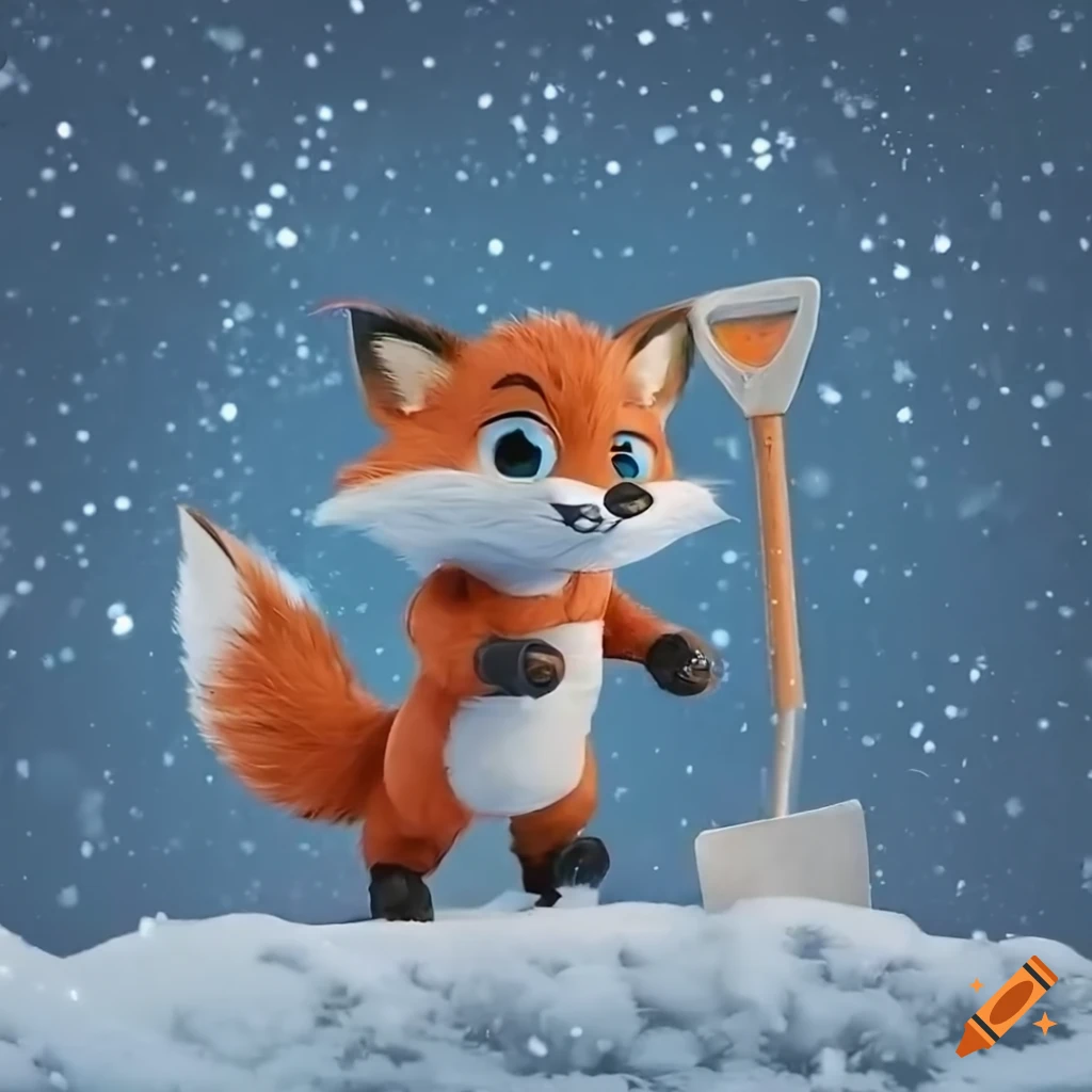 Chibi fox shoveling snow in a winter village on Craiyon