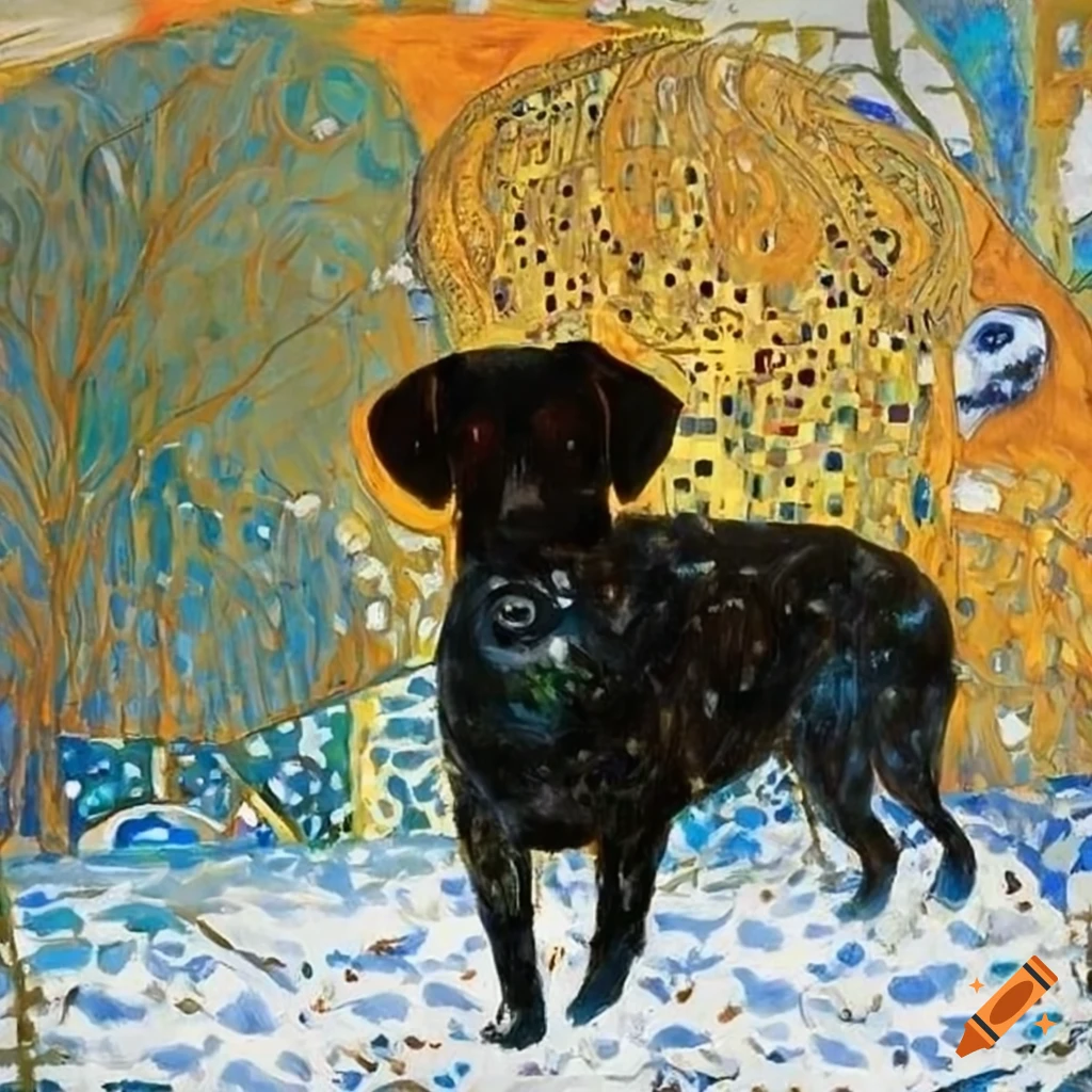 Winter landscape painting with a black lab