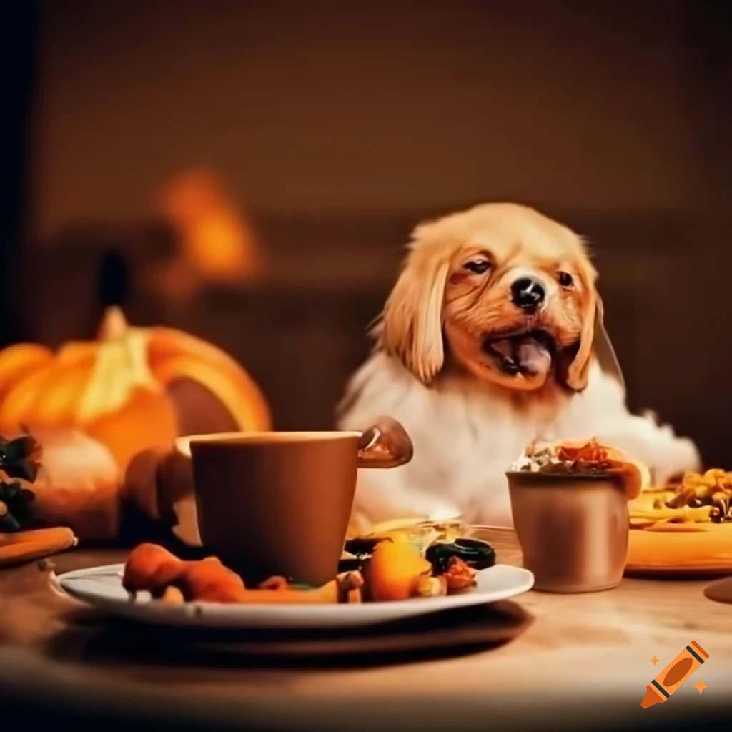 Dogs having coffee at a thanksgiving day gathering on Craiyon