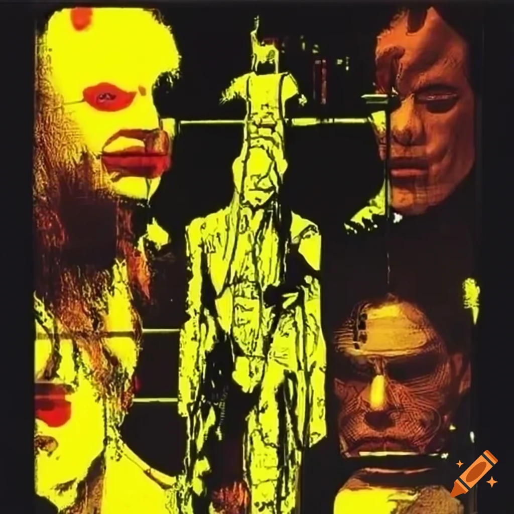 Illustration of a yellow cybernetic hellscape on Craiyon