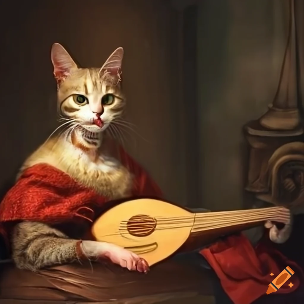 Surreal painting of a cat playing a lute on Craiyon