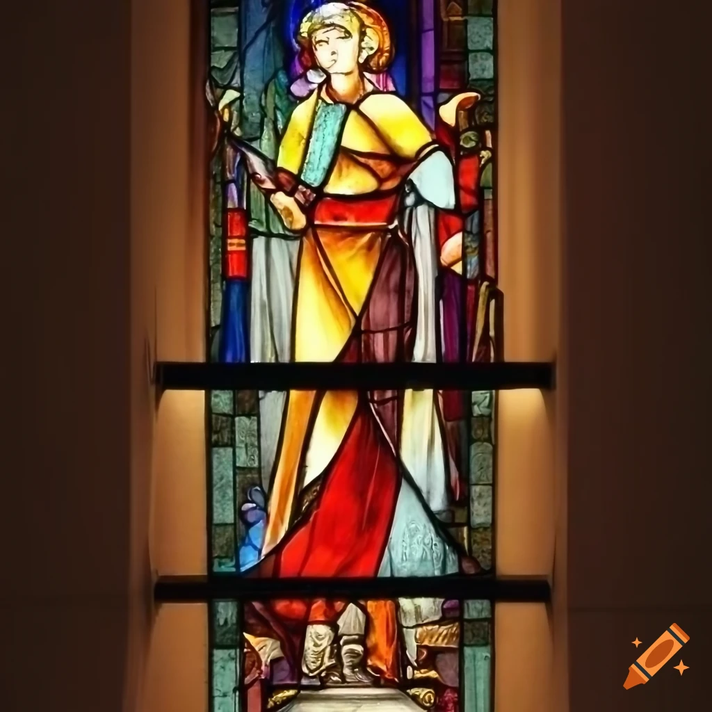 Stained glass representation of lady justice on Craiyon