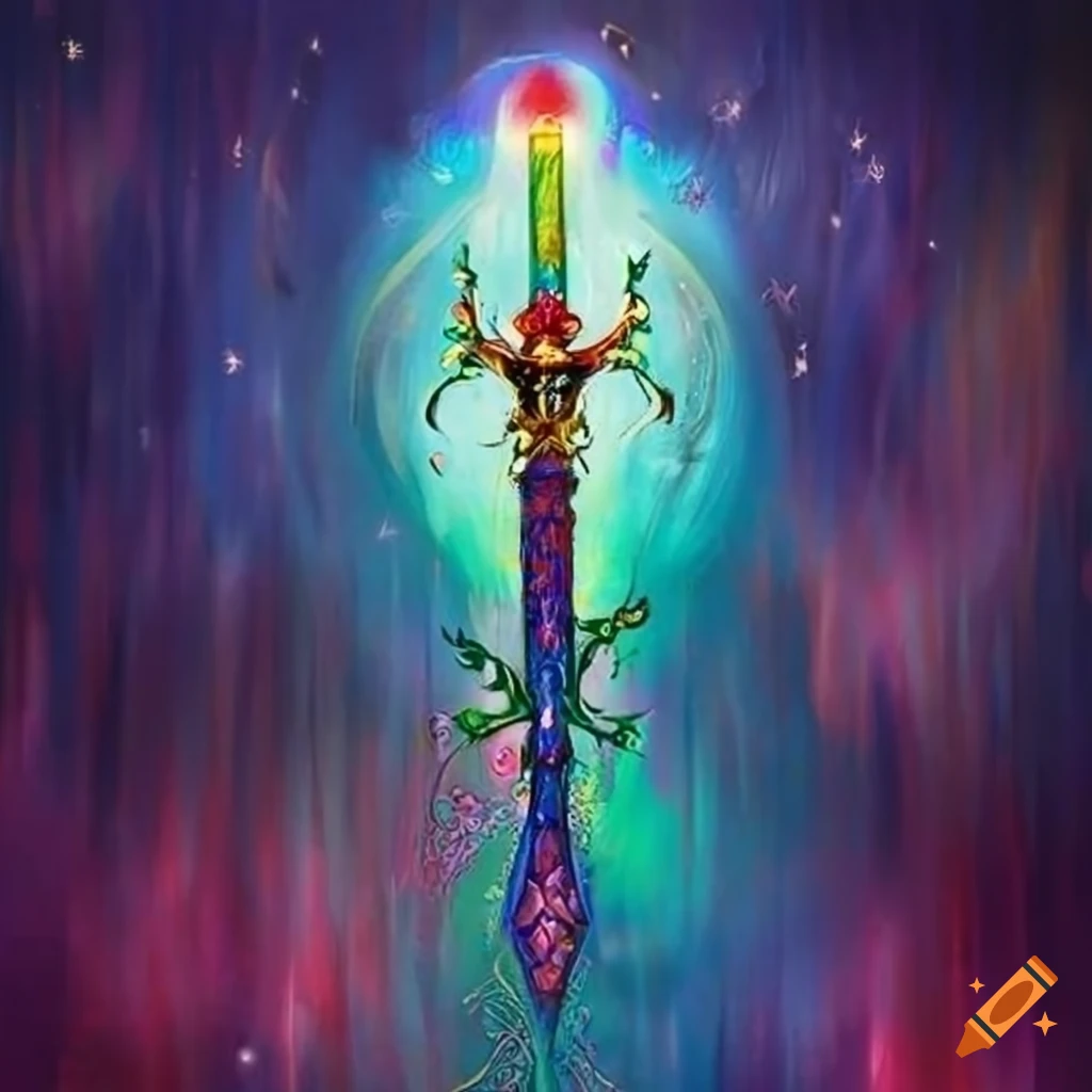Colorful and ornate tarot card with a magical sword on Craiyon