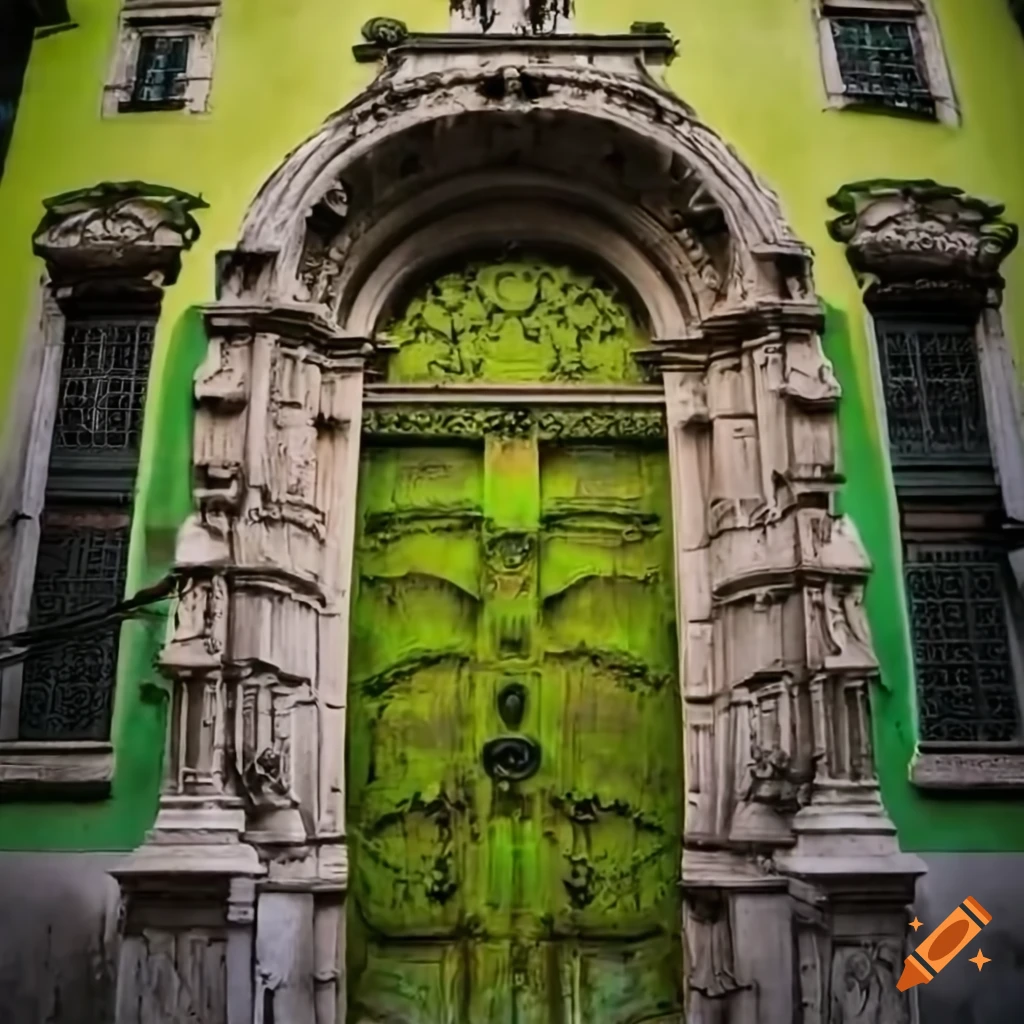 Engraved solar symbol on a moss-covered door in havana