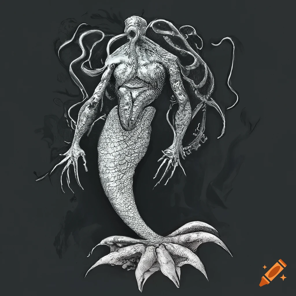 Detailed etching of lovecraftian merman monster