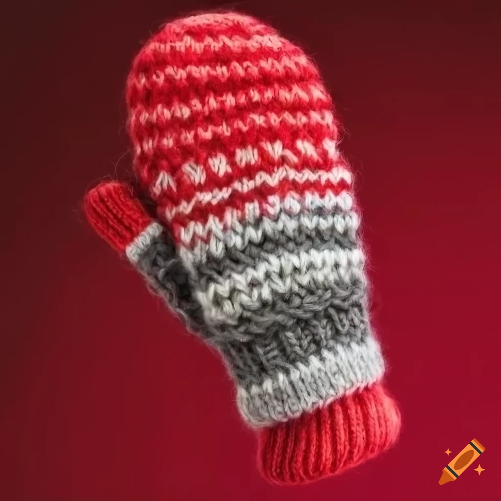 Knitted red and grey mittens on Craiyon