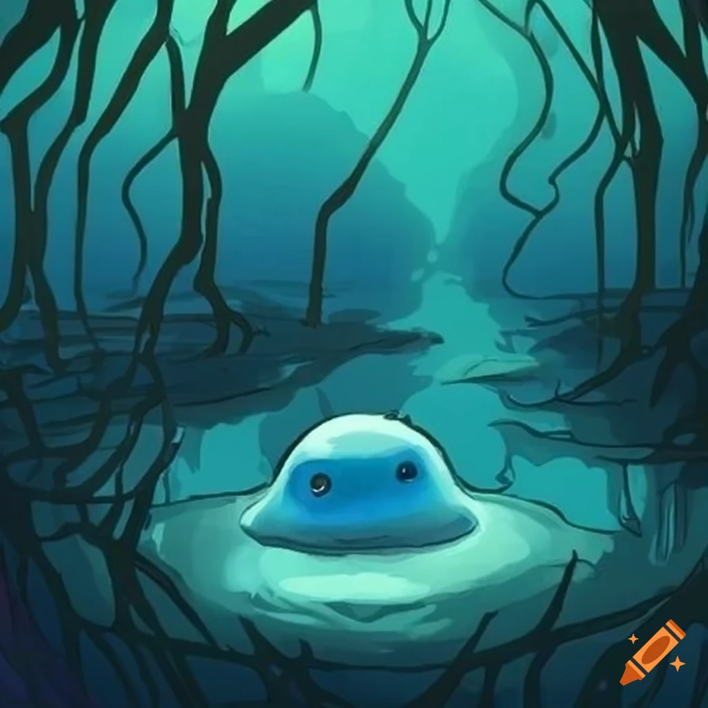 Blue slime creature in a swamp