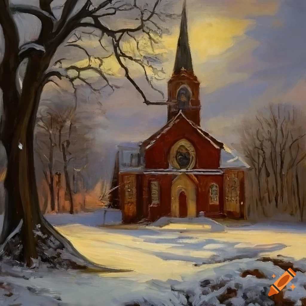 Victorian oil painting of a church in winter on Craiyon