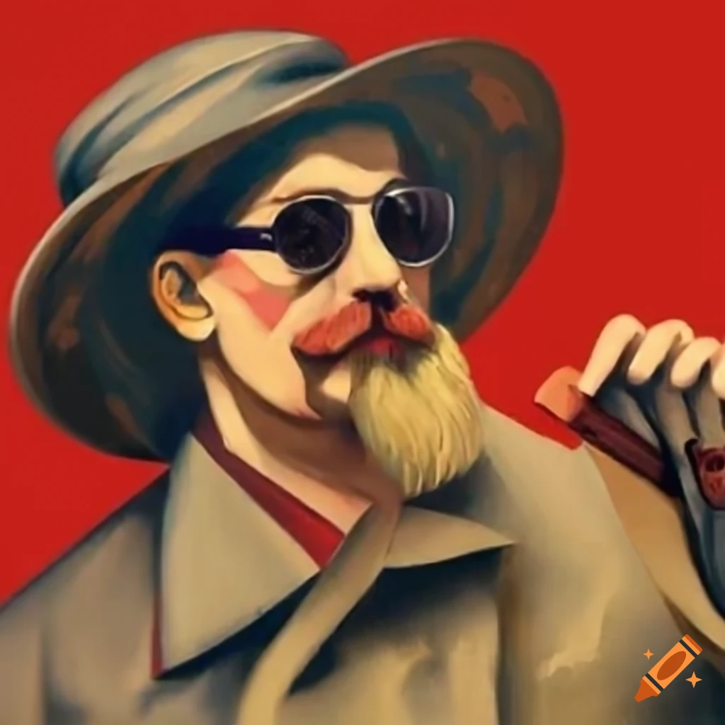 Communist propaganda poster with a man wearing sunglasses