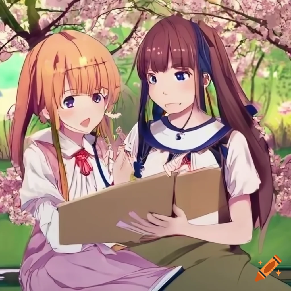 Anime girls studying together in a flowery park on Craiyon