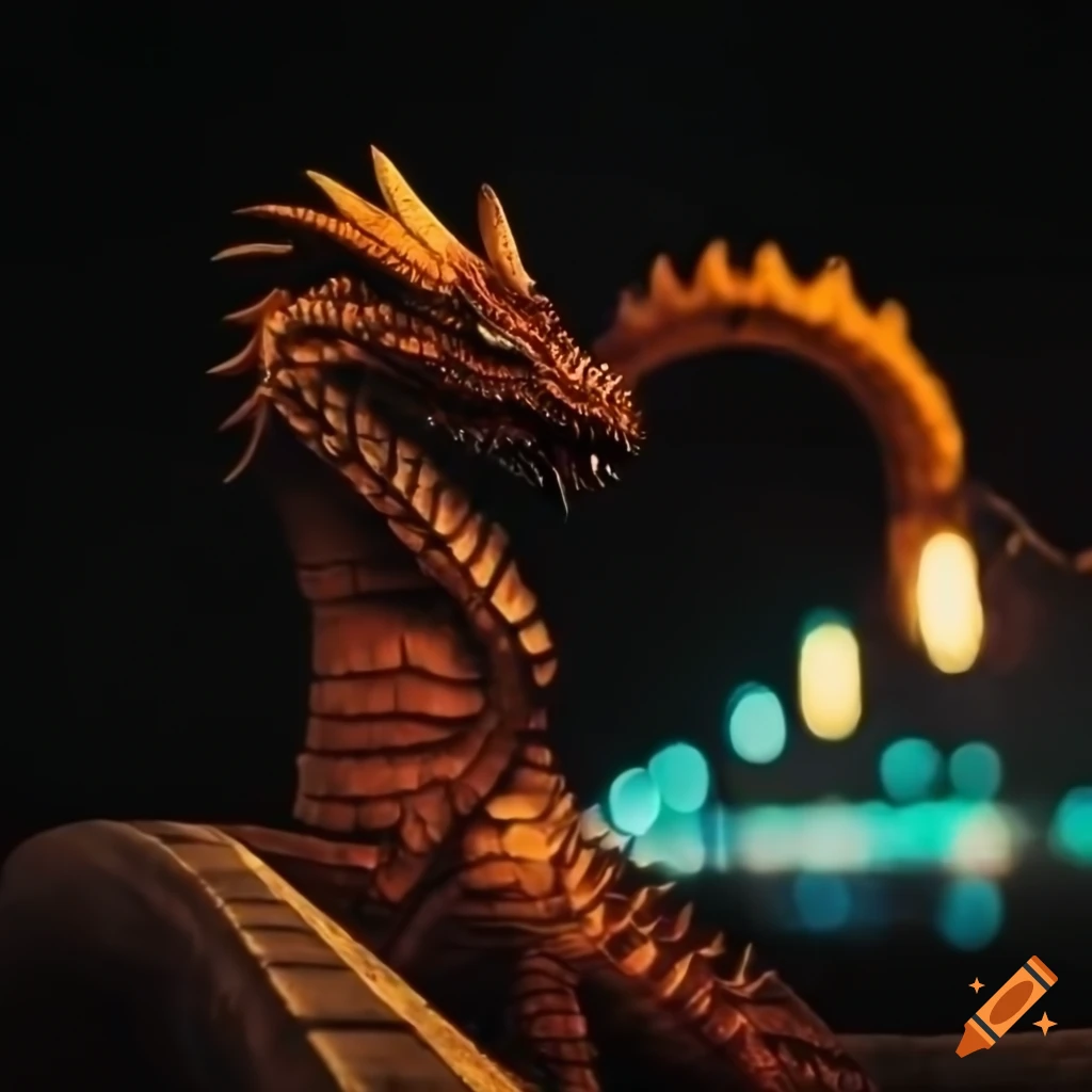 Dragon walking across a city bridge