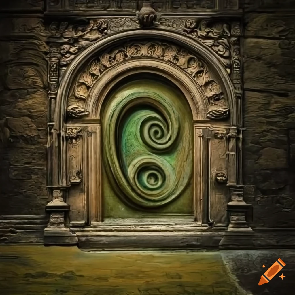 Baroque moss-covered door with spiral galaxy engraving on Craiyon