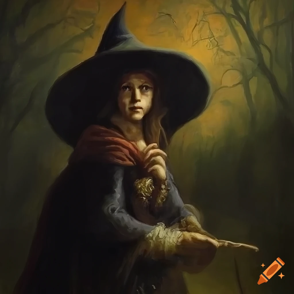 Rembrandt style oil painting of a witch in the forest on Craiyon