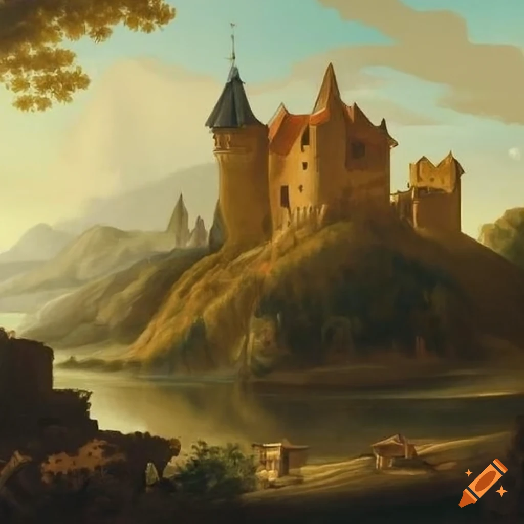 Castle in a scenic landscape on Craiyon