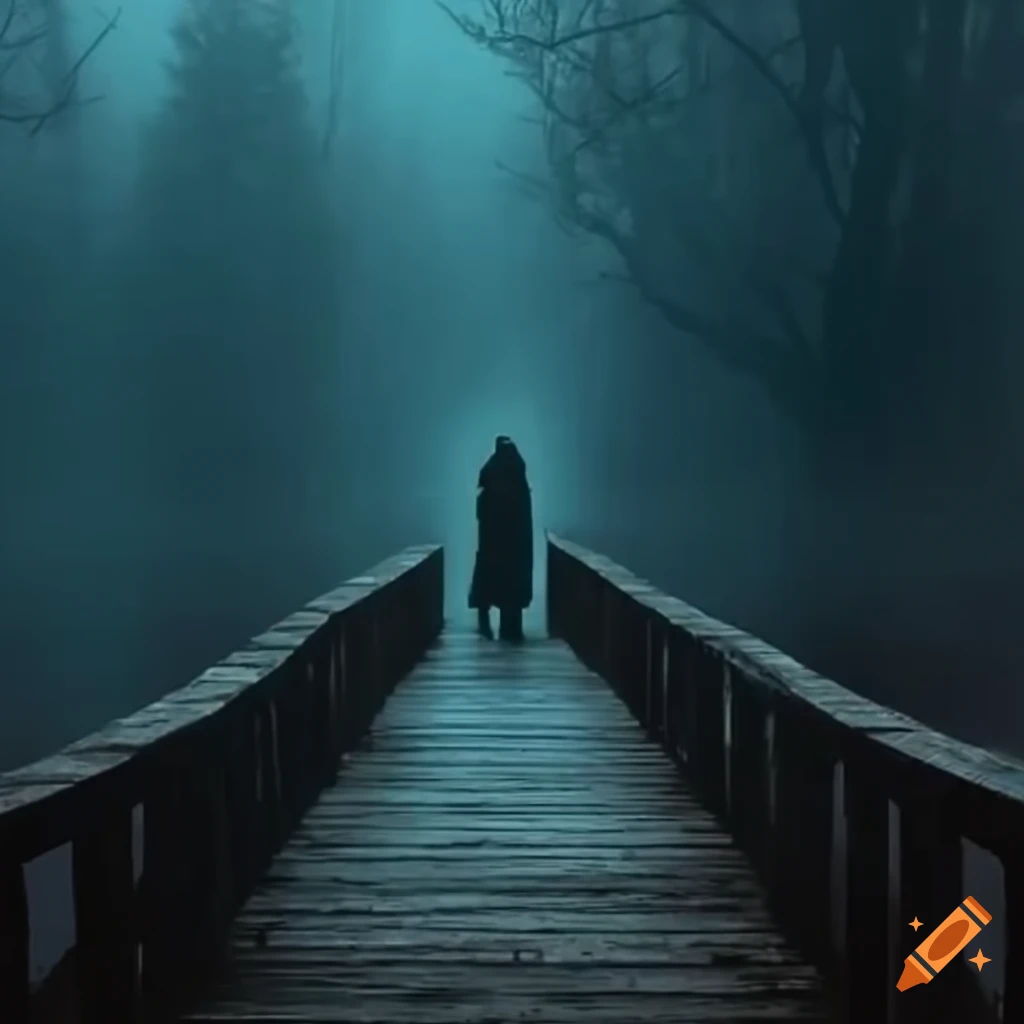 Illustration of a vampire on a bridge in the rain on Craiyon