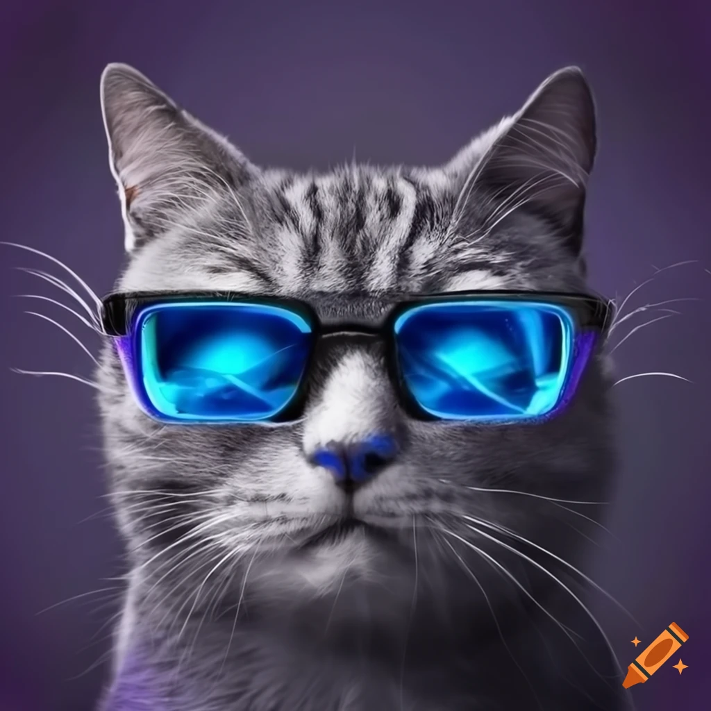 Artistic representation of a cat wearing sunglasses with blue fire on ...