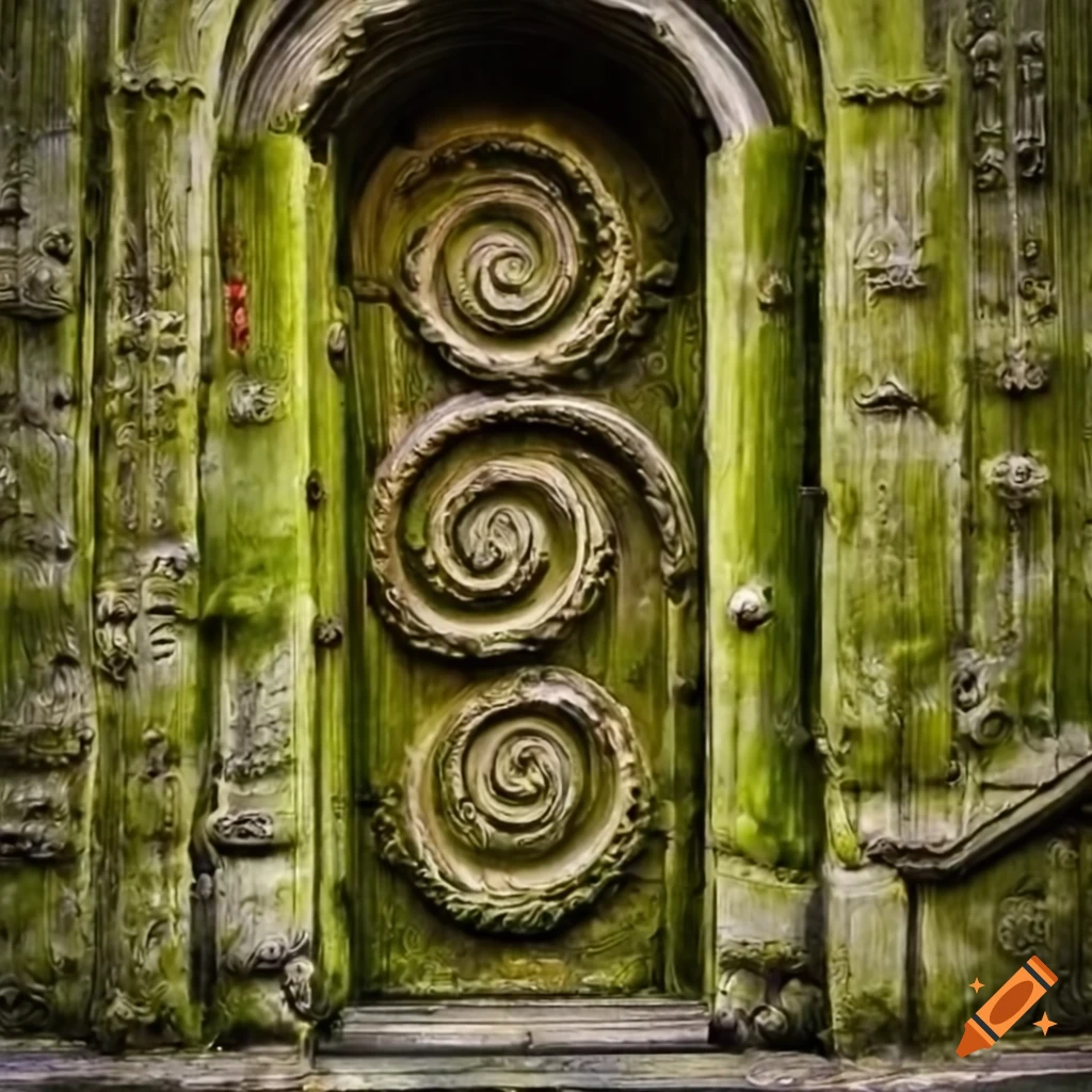 Intricate baroque door with moss and spiral bas-relief