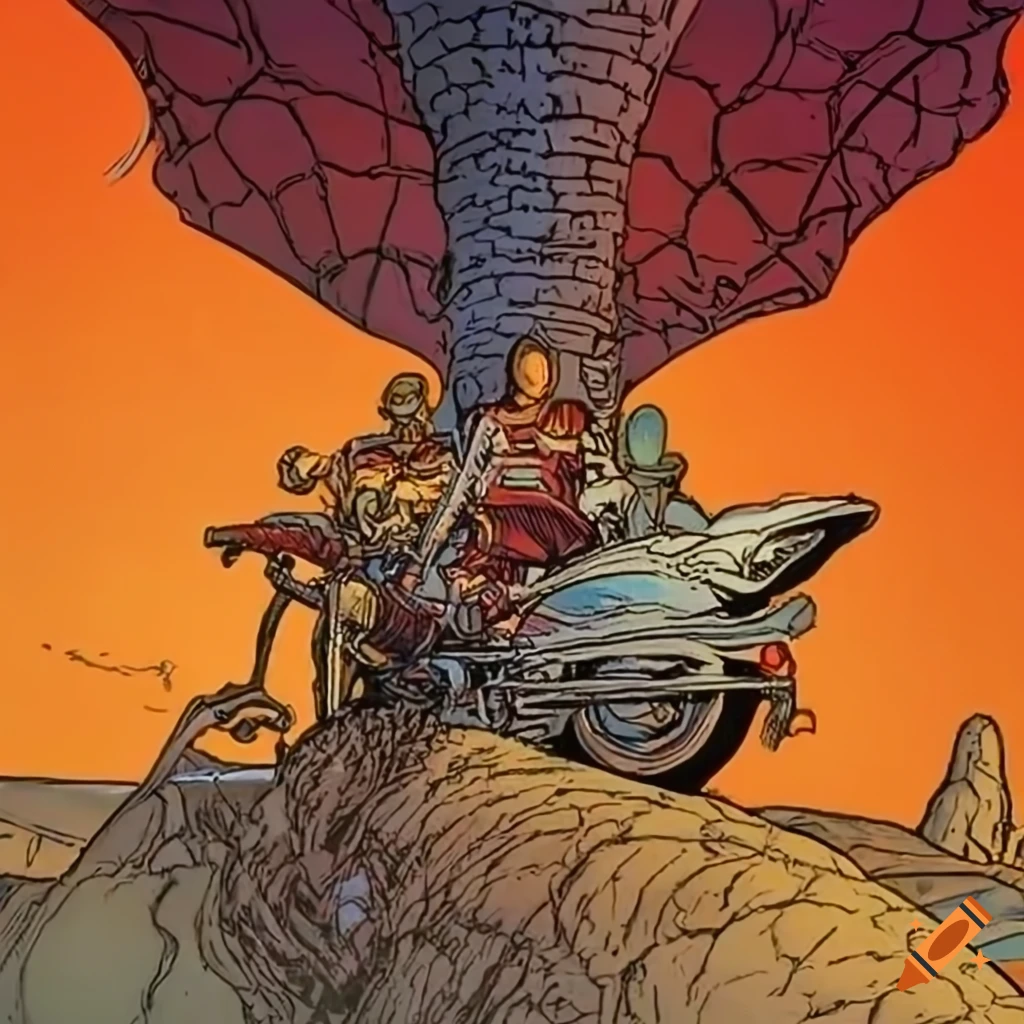 Illustration of dragon people riding motorcycles in space on Craiyon