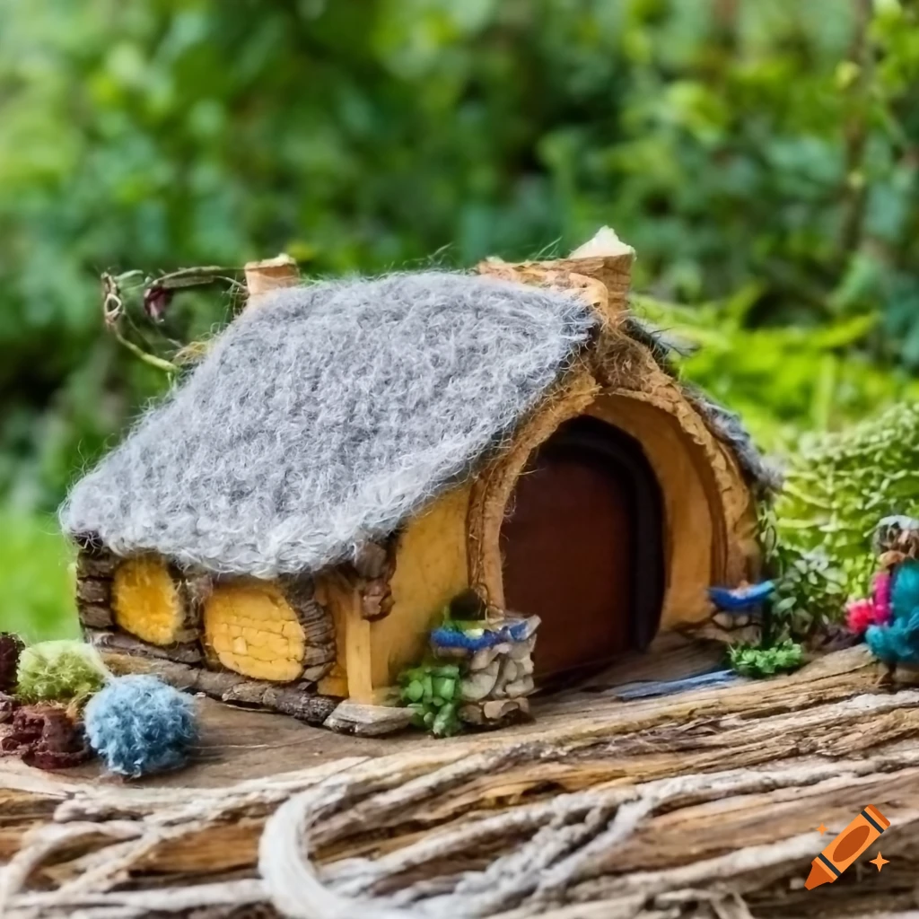 Wool hobbit house on a wooden table on Craiyon