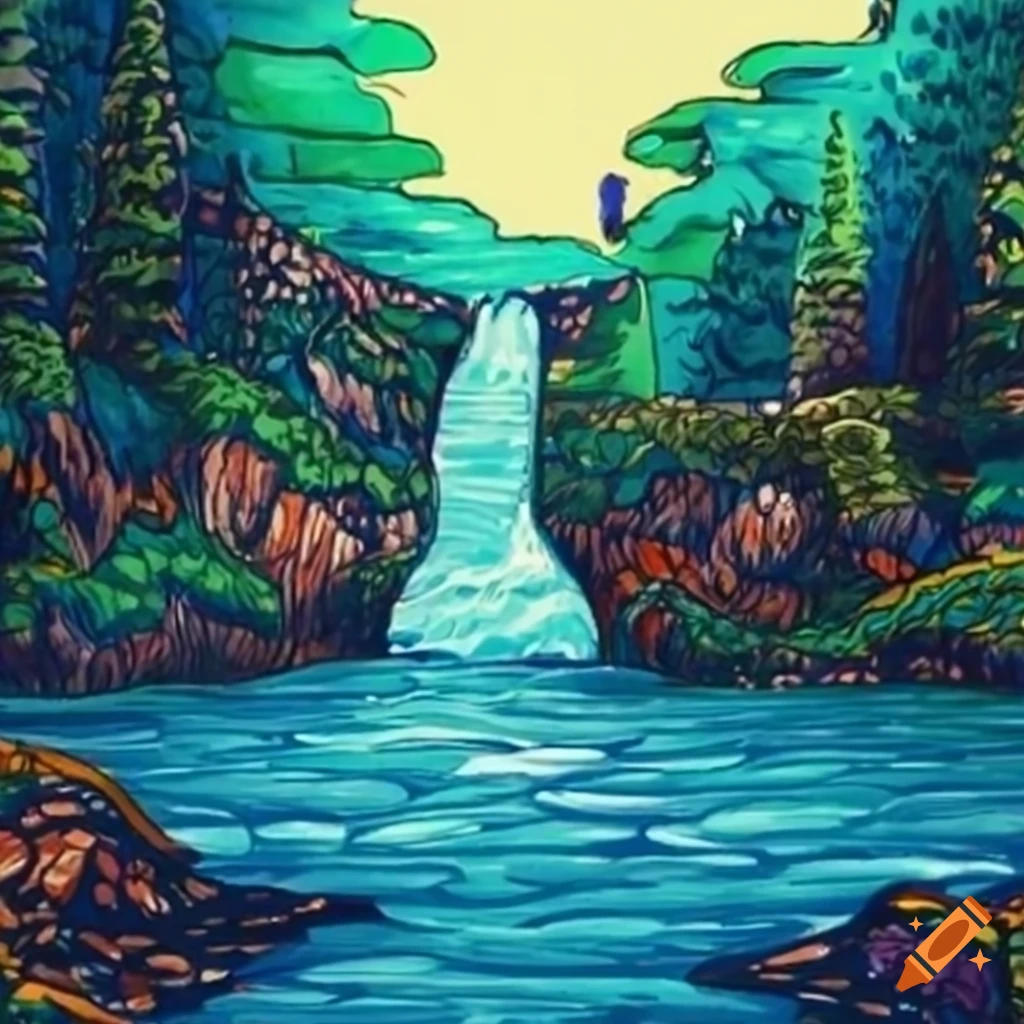 Pen drawing of a waterfall in a serene landscape on Craiyon