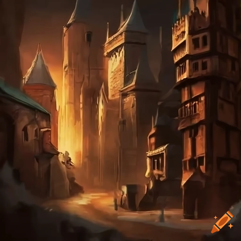 View of the narrow streets in a dwarven city